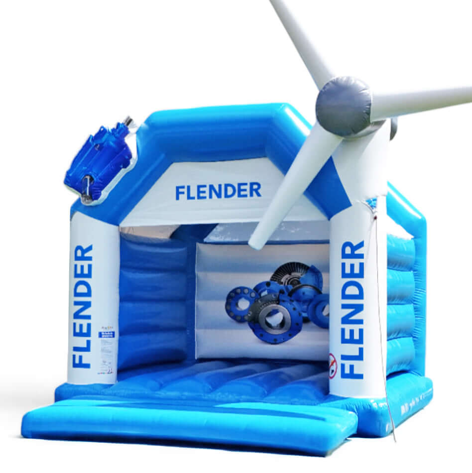 Personalisierte Hüpfburg „Flender“ mit Windrad und Produktnachbildung